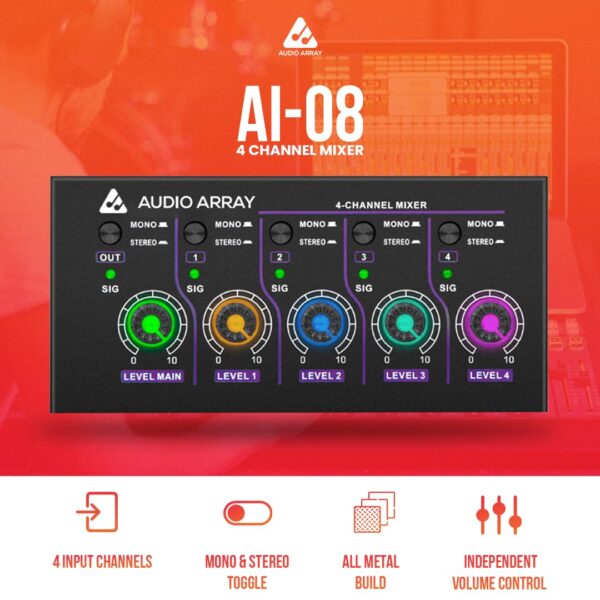Audio Array AI-08 Mini Stereo Audio Mixer | 4 Channel 1/4" TRS Audio Input Jacks | Line Mixer ...